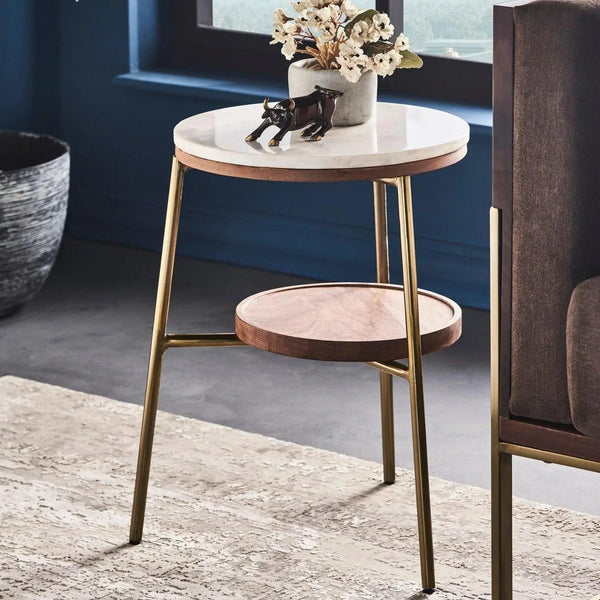 Modern Round Side Table for Living Room | Marble Top 2 Tier End Table – IKIRU