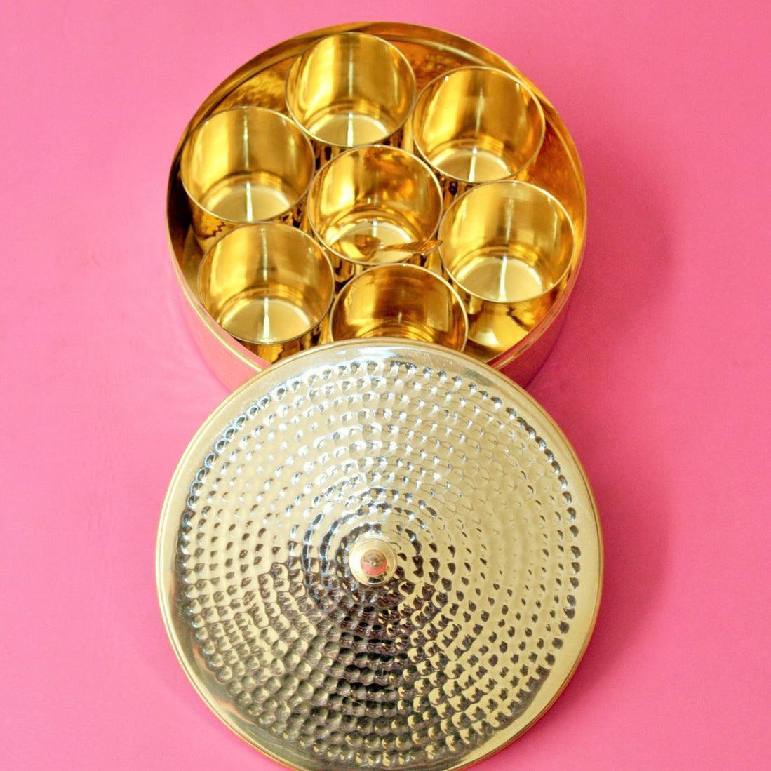 Brass Spice Box With Hammered Lid | Golden Masala Daani For kitchen — IKIRU