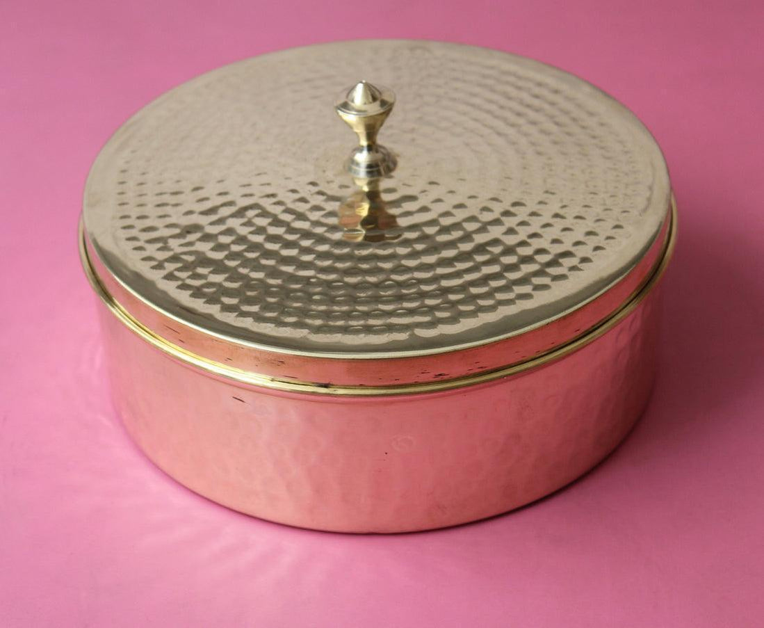 Brass Spice Box With Hammered Lid | Golden Masala Daani For kitchen — IKIRU