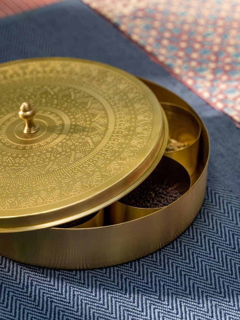 Brass Spice Box With Lid | Golden Masala Daani For Kitchen & Home - IKIRU