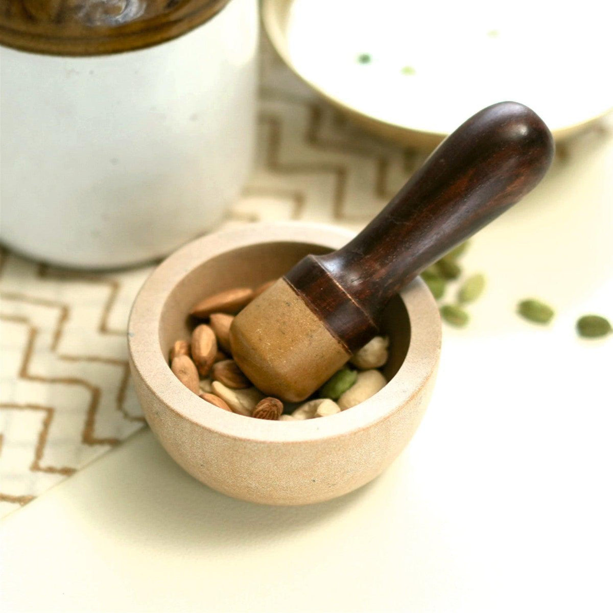 Barmer Wooden & Stone Mortar & Pestle Set | Okhali Musal For Kitchen ...