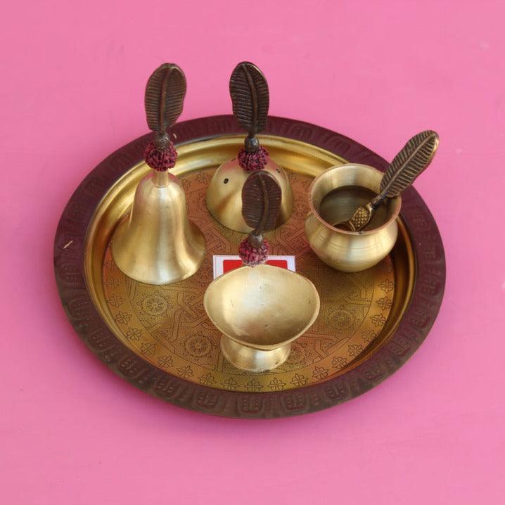 Golden Fancy Brass Pooja Thali with Bell, Jot, Stand lotta & Agarbatti ...
