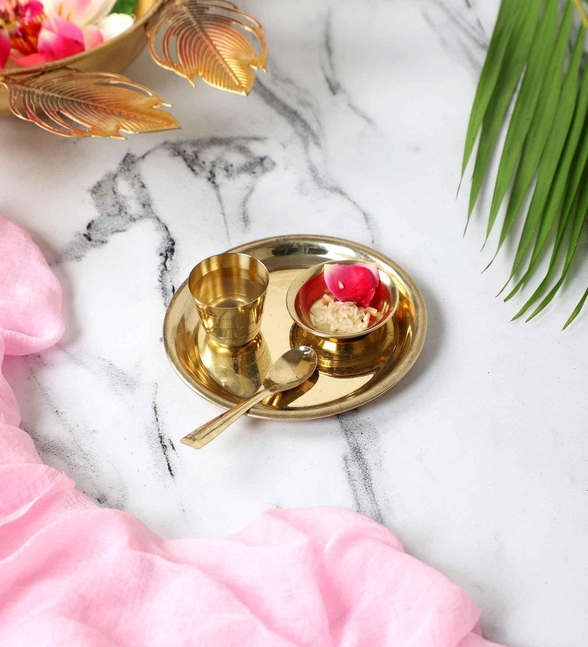 Golden Brass Bhog Thaal Set Of 5 | Pooja Utensils For Home - IKIRU