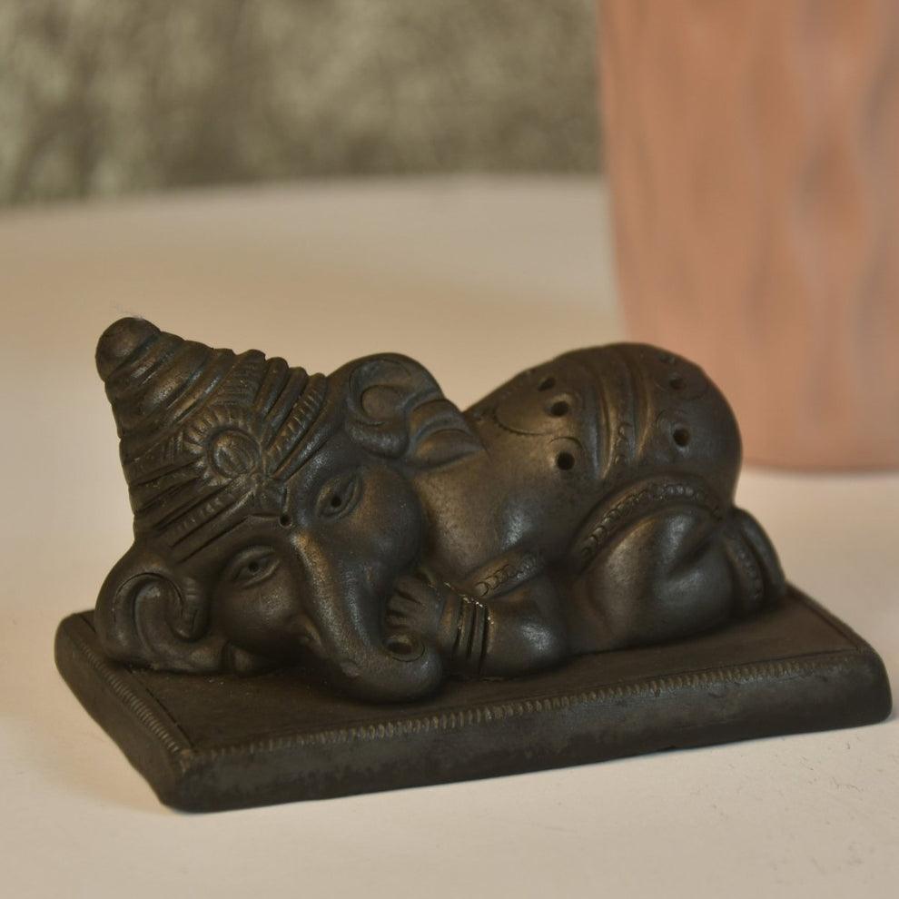 Terracotta Sleeping Ganesha Statue Black | Ganesh Idol For Decor - IKIRU