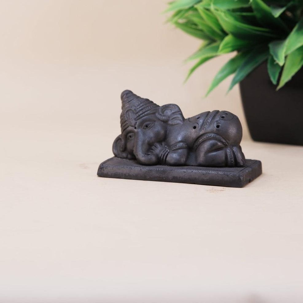 Terracotta Sleeping Ganesha Statue Black | Ganesh Idol For Decor - IKIRU