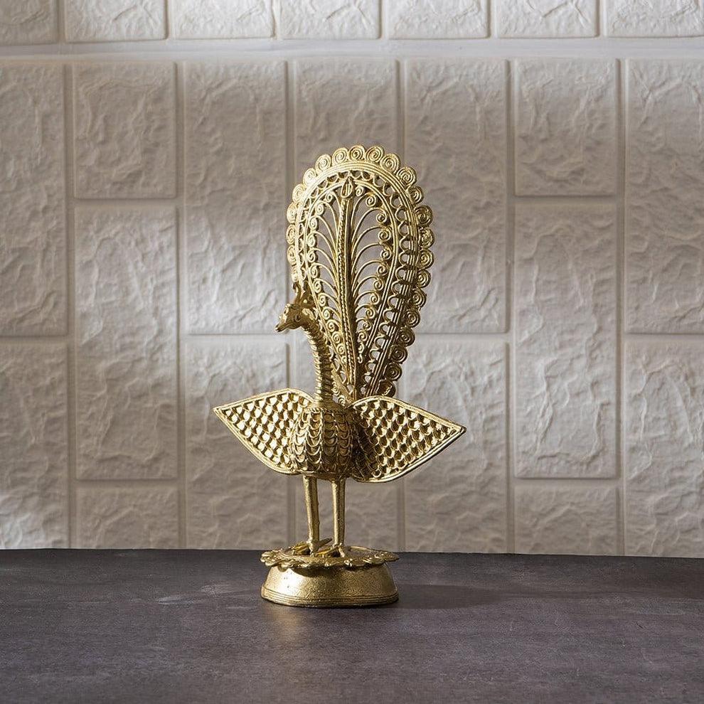 Antique Peacock Showpiece In Dokra Design Golden For Decor - IKIRU