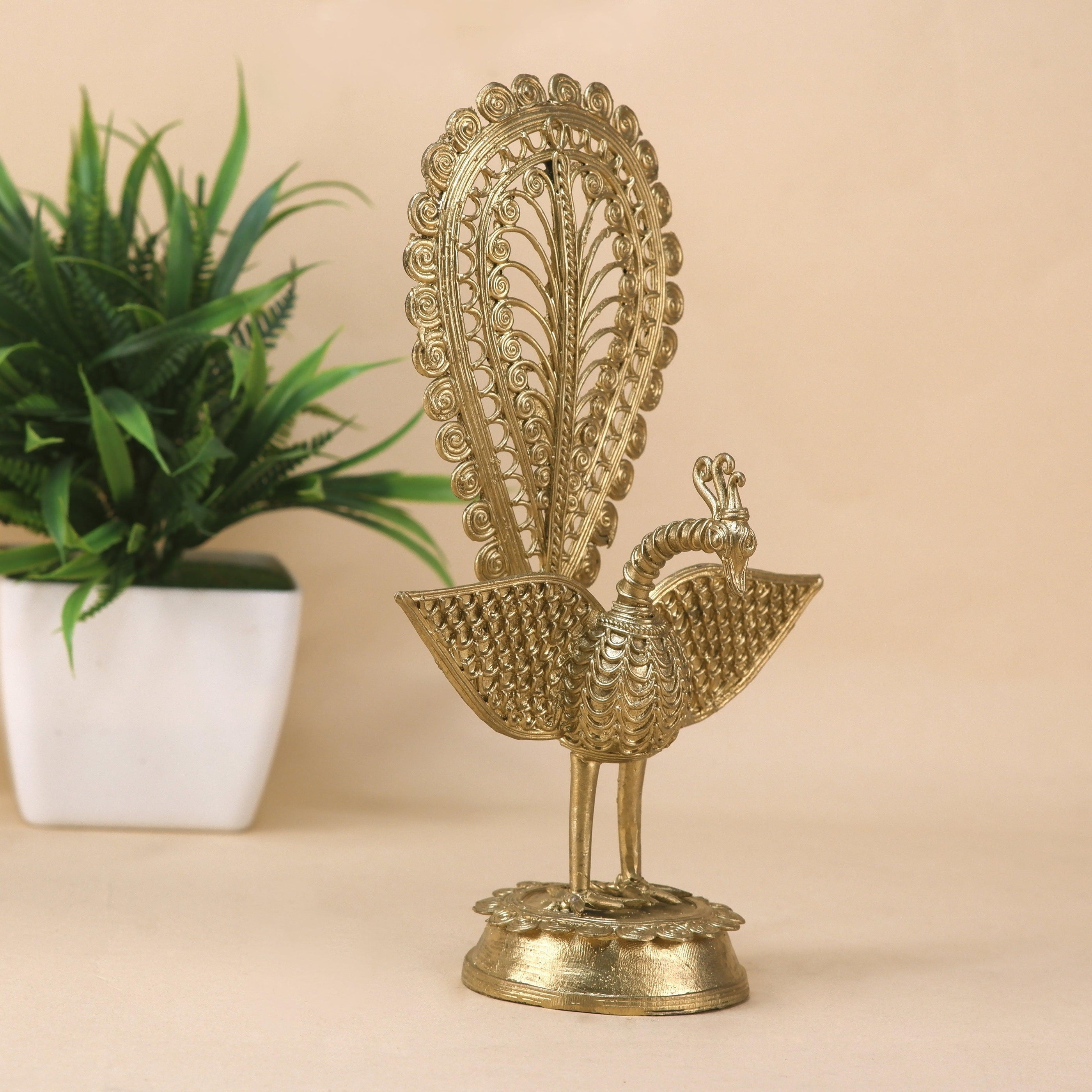 Antique Peacock Showpiece In Dokra Design Golden For Decor - IKIRU