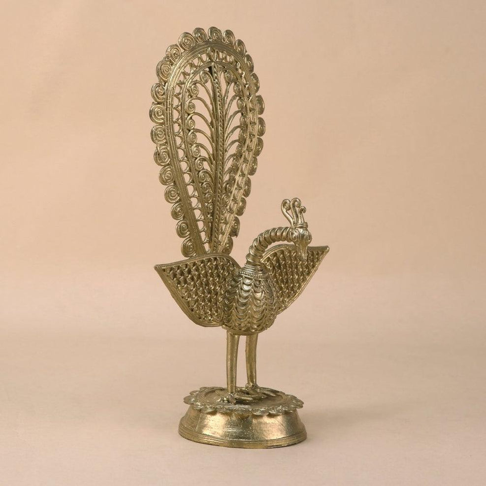 Antique Peacock Showpiece In Dokra Design Golden For Decor - IKIRU