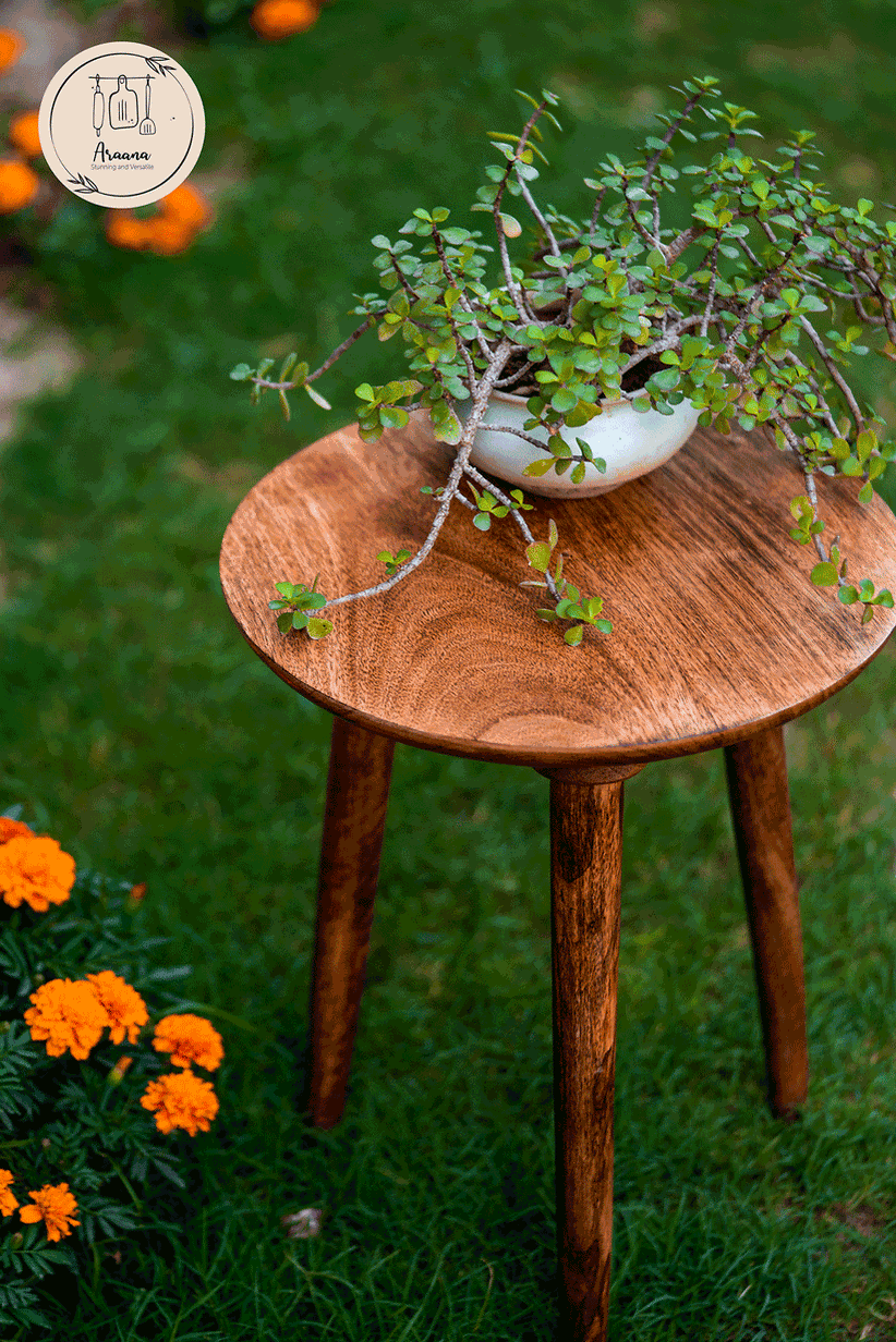 Mango Wood 3 Legged Wooden Stool | Plant Stand For Indoor & Outdoor ...
