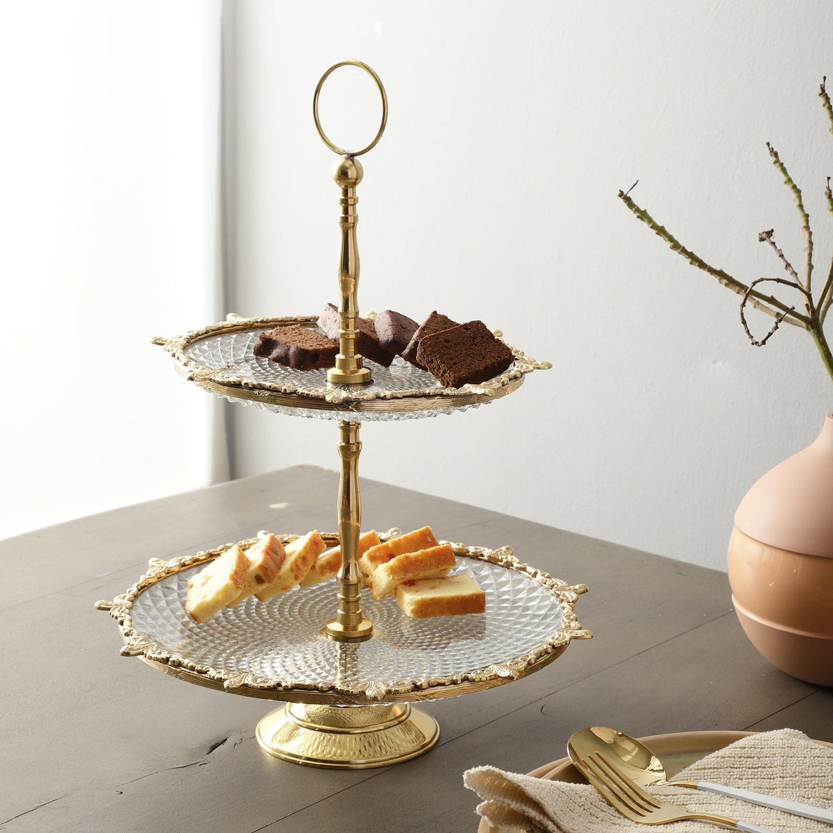 Crystal Spike Double Cake Stand In Gold - IKIRU
