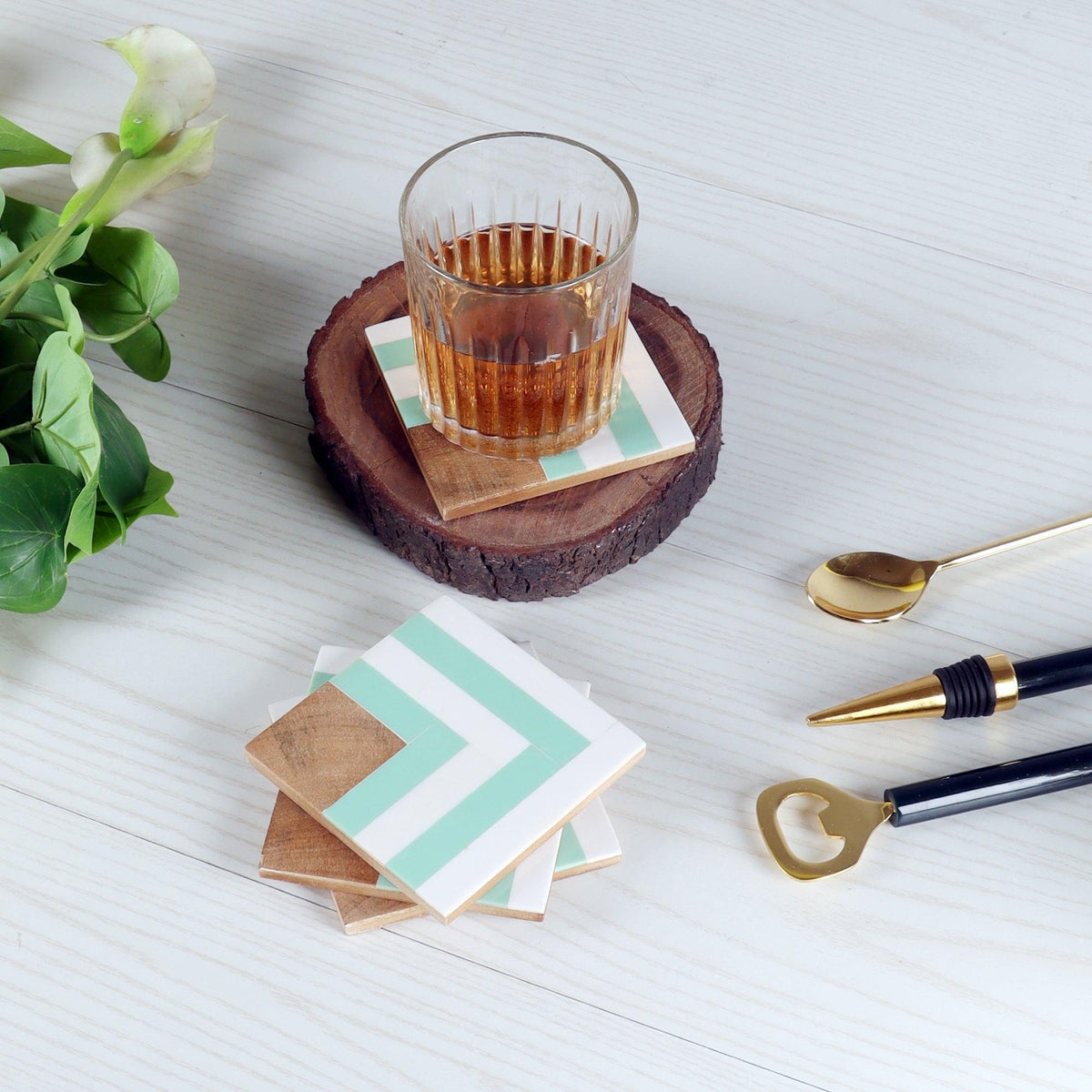 Shop Wooden Square Green & White Resin Coaster For Home & Office - Set ...