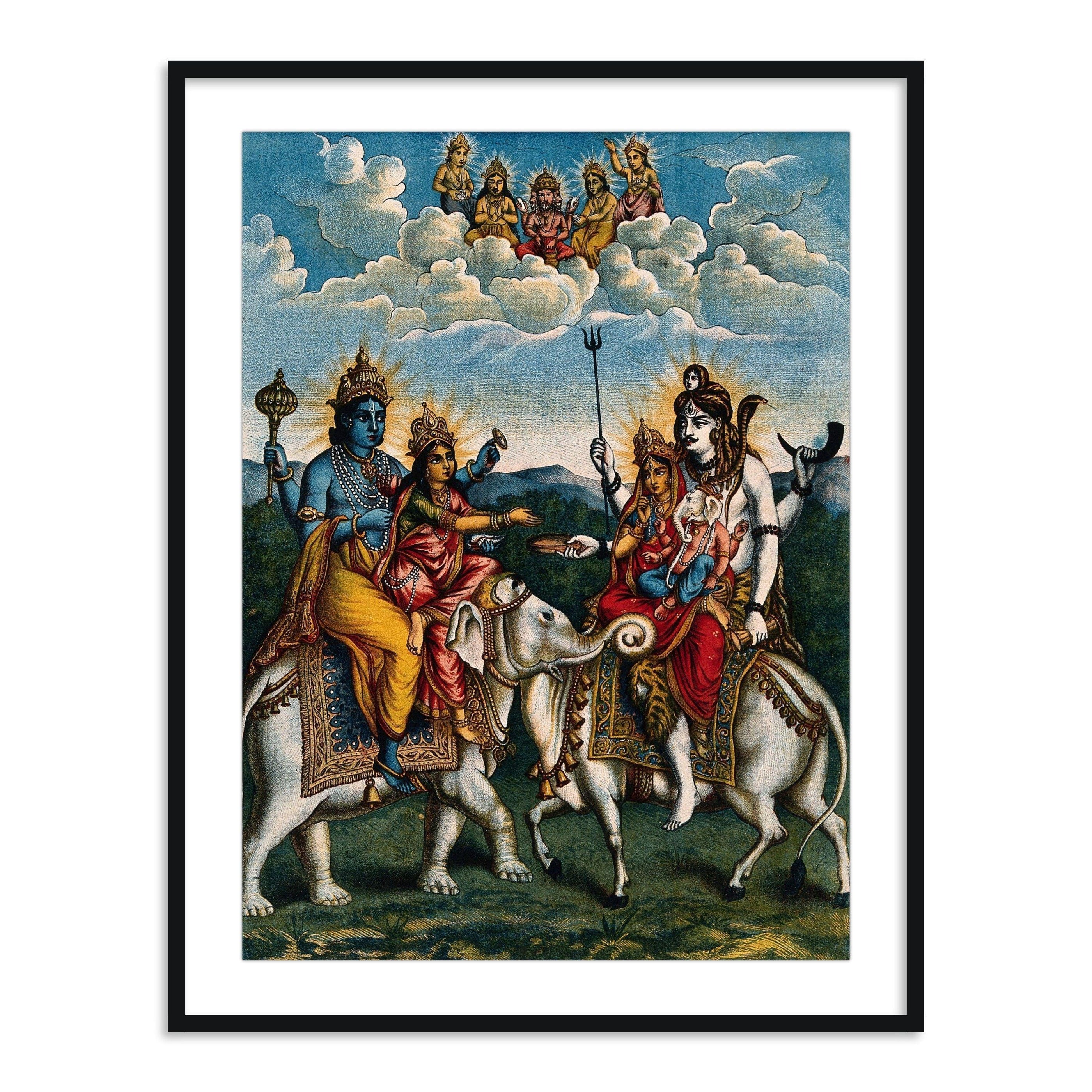 Vishnu and Lakshmi on an elephant meeting Shiva Parvati and Ganesha - IKIRU