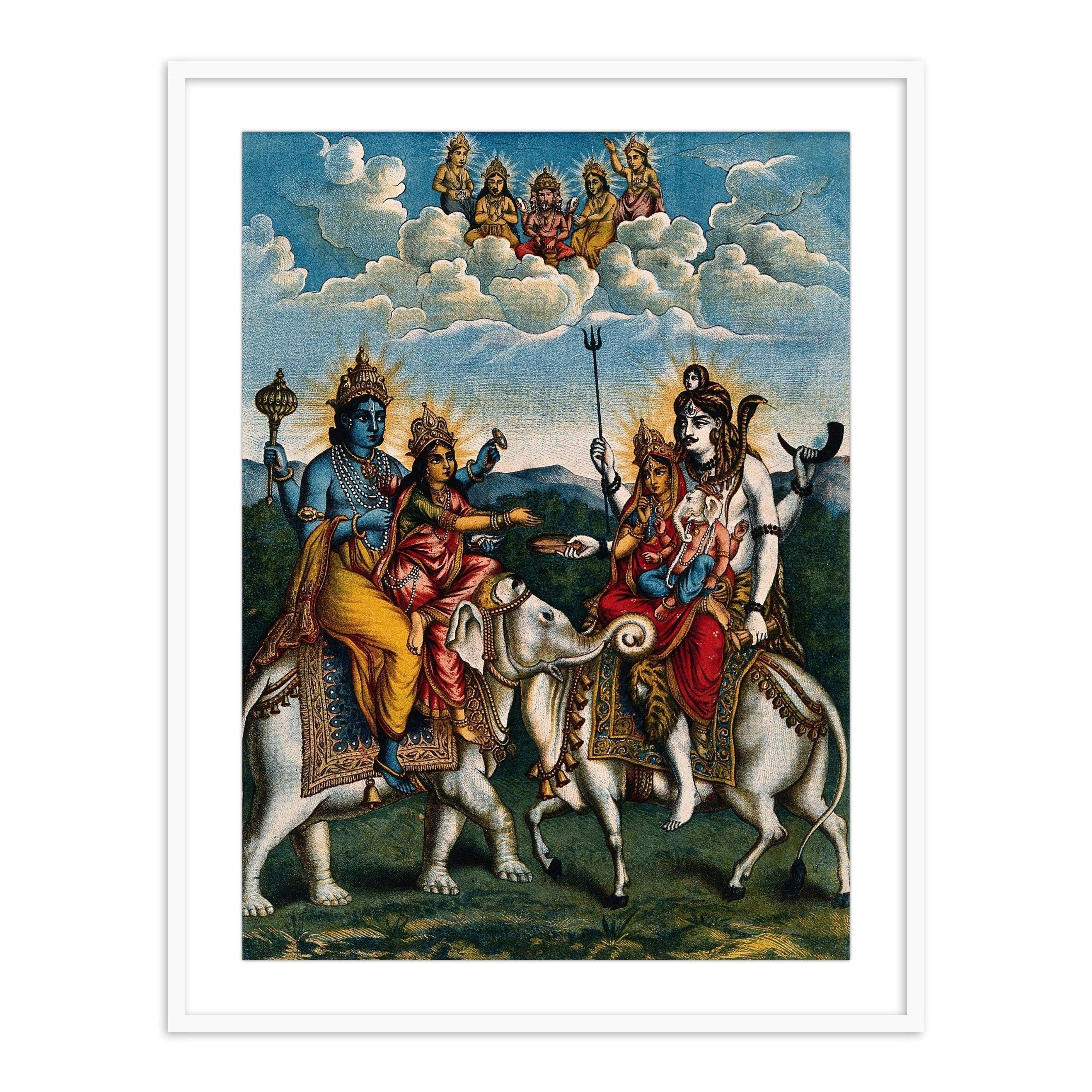 Vishnu and Lakshmi on an elephant meeting Shiva Parvati and Ganesha - IKIRU