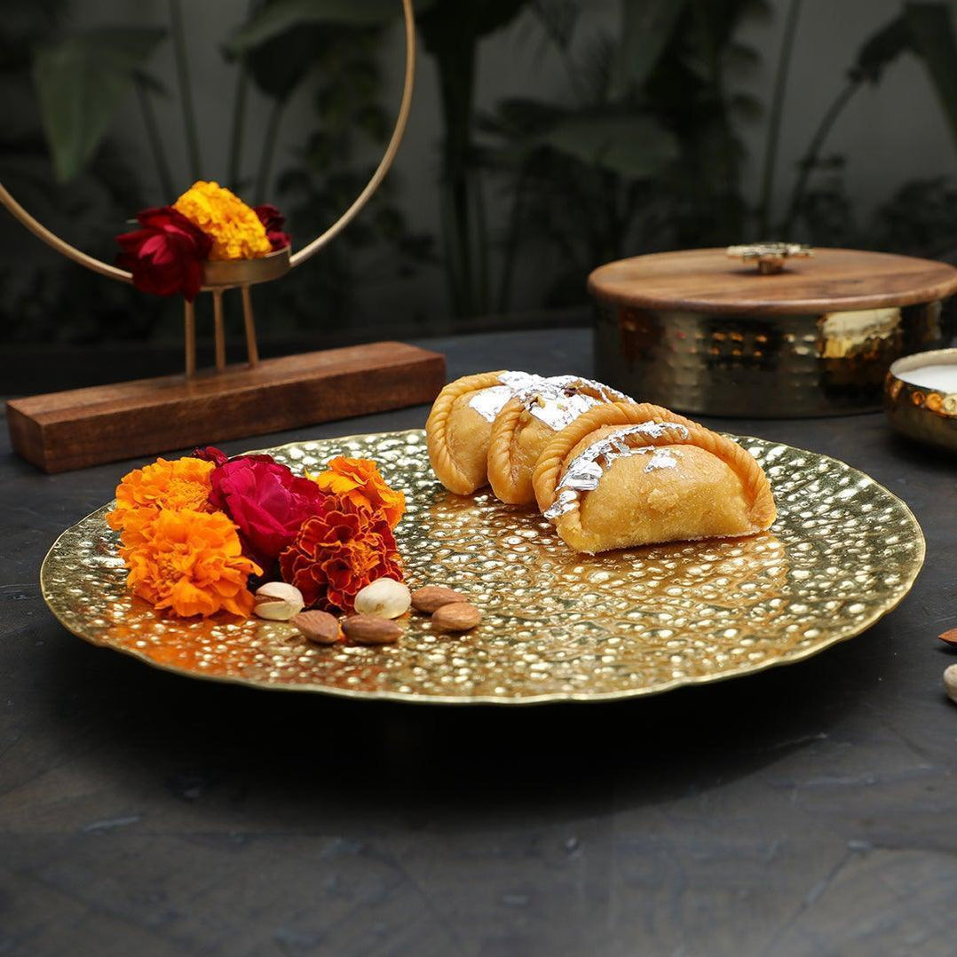 Golden Round Decorative Thali For Pooja And Sweets | Gifting Thali - IKIRU