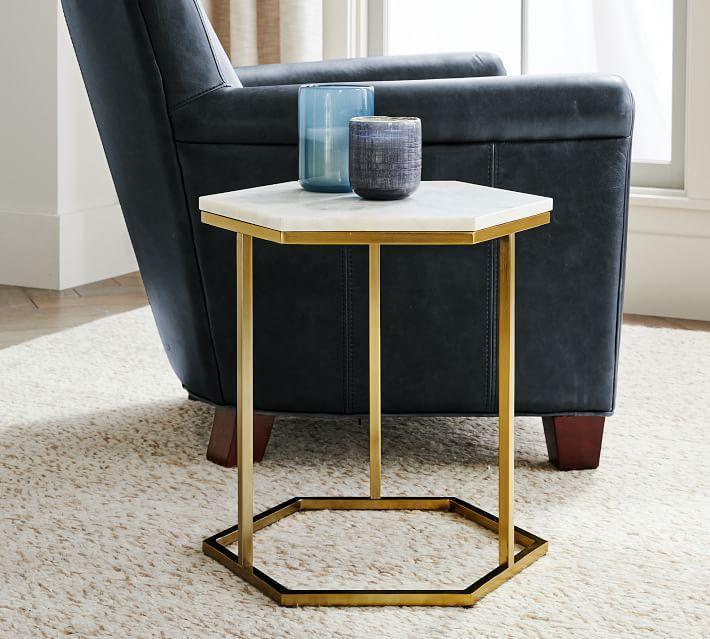 Shop Hexagon Side Table For Living Room With Marble Top & Golden White ...