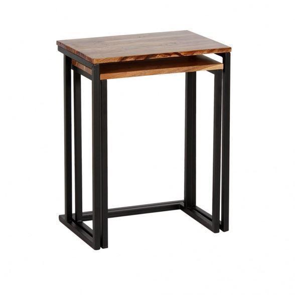 Shop Wood & Black Metal Stool Set Of 2 Pieces | Side End Table For ...