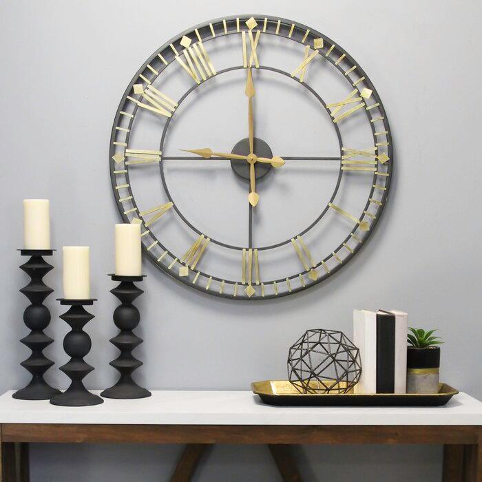 Vintage Round Metal Wall Clock with Black Golden Roman Numerals | 24 ...